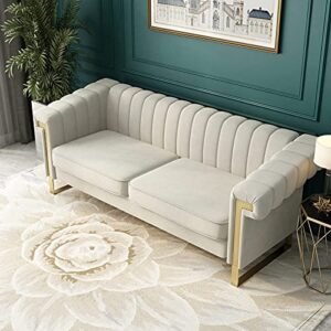 Chesterfield Sofa with Tufted Velvet Upholstered,Modern Velvet Couch with Flared Arms and Removable Cushions,83.85 Inch Width Living Room Furniture,Solid Wood Frame and Gold Legs(Beige)