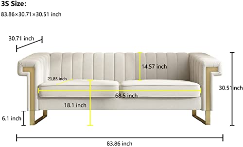 Chesterfield Sofa with Tufted Velvet Upholstered,Modern Velvet Couch with Flared Arms and Removable Cushions,83.85 Inch Width Living Room Furniture,Solid Wood Frame and Gold Legs(Beige)