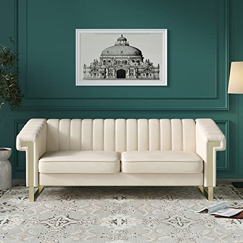 Magic Home 83.85 Inch Velvet Sofa Couch,Mid-Century Loveseat Sofa, Upholstered Living Room Sofa with Removable Cushion for Living Room Bedroom Apartment (Beige)