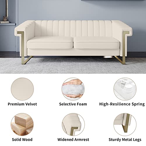 Magic Home 83.85 Inch Velvet Sofa Couch,Mid-Century Loveseat Sofa, Upholstered Living Room Sofa with Removable Cushion for Living Room Bedroom Apartment (Beige)