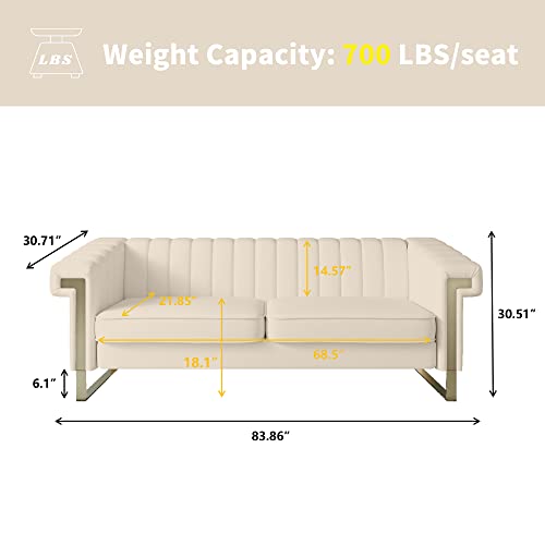 Magic Home 83.85 Inch Velvet Sofa Couch,Mid-Century Loveseat Sofa, Upholstered Living Room Sofa with Removable Cushion for Living Room Bedroom Apartment (Beige)