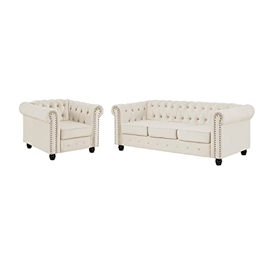 Morden Fort Couches for Living Room, Sofas for Living Room Furniture Sets, Chair and Sofa 2 Pieces, Fabric, Velvet Beige