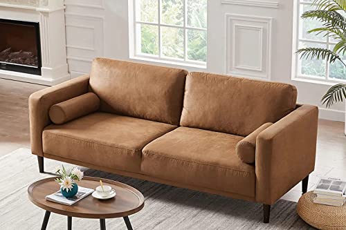 HIFIT Sofa Couches, 79” Mid-Century Modern Couch, Breathable Faux Leather Couch with Upholstered Cushions/Pillows, 3-Seat Sofas & Couches, for Living Room Apartment Office,Brown