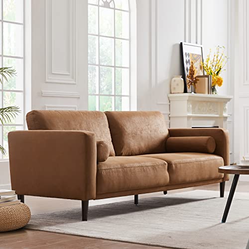 HIFIT Sofa Couches, 79” Mid-Century Modern Couch, Breathable Faux Leather Couch with Upholstered Cushions/Pillows, 3-Seat Sofas & Couches, for Living Room Apartment Office,Brown