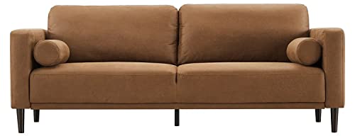 HIFIT Sofa Couches, 79” Mid-Century Modern Couch, Breathable Faux Leather Couch with Upholstered Cushions/Pillows, 3-Seat Sofas & Couches, for Living Room Apartment Office,Brown