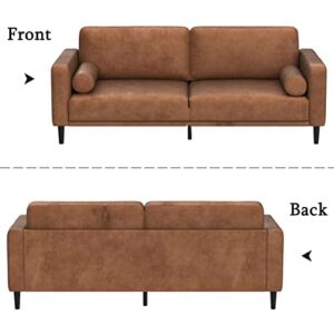 HIFIT Sofa Couches, 79” Mid-Century Modern Couch, Breathable Faux Leather Couch with Upholstered Cushions/Pillows, 3-Seat Sofas & Couches, for Living Room Apartment Office,Brown