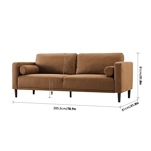 HIFIT Sofa Couches, 79” Mid-Century Modern Couch, Breathable Faux Leather Couch with Upholstered Cushions/Pillows, 3-Seat Sofas & Couches, for Living Room Apartment Office,Brown