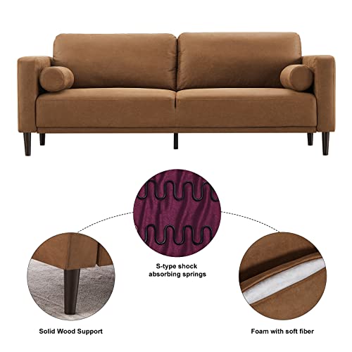 HIFIT Sofa Couches, 79” Mid-Century Modern Couch, Breathable Faux Leather Couch with Upholstered Cushions/Pillows, 3-Seat Sofas & Couches, for Living Room Apartment Office,Brown