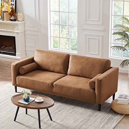 HIFIT Sofa Couches, 79” Mid-Century Modern Couch, Breathable Faux Leather Couch with Upholstered Cushions/Pillows, 3-Seat Sofas & Couches, for Living Room Apartment Office,Brown