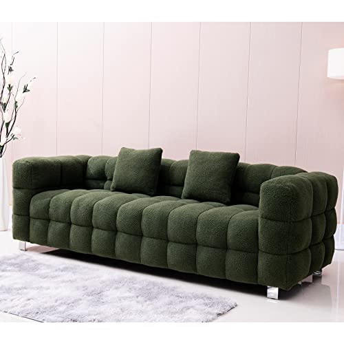 Dolonm Modern Sofa Couch with Metal Legs Upholstered Tufted 3 Seater Couch with 2 Pillows Decor Furniture for Living Room, Bedroom, Office, 80 Inch Wide(Green-Teddy