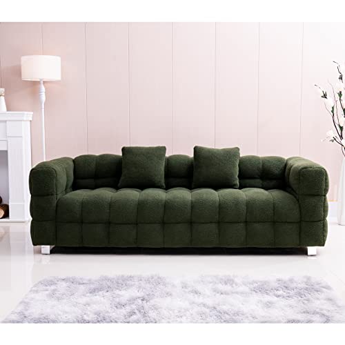 Dolonm Modern Sofa Couch with Metal Legs Upholstered Tufted 3 Seater Couch with 2 Pillows Decor Furniture for Living Room, Bedroom, Office, 80 Inch Wide(Green-Teddy