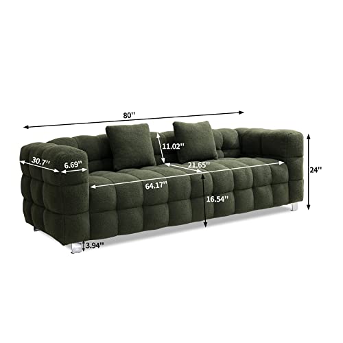 Dolonm Modern Sofa Couch with Metal Legs Upholstered Tufted 3 Seater Couch with 2 Pillows Decor Furniture for Living Room, Bedroom, Office, 80 Inch Wide(Green-Teddy