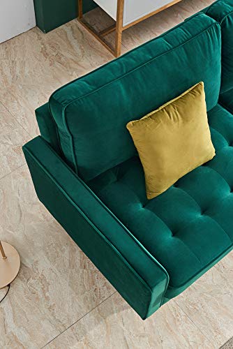 JULYFOX Emerald Green Velvet Fabric Sofa Couch, 70 inch Wide Mid Century Modern Living Room Couch 700lb Heavy Duty with 2 Throw Pillows