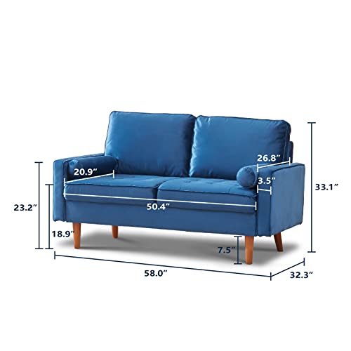 Bettermade Loveseat Sofa,Couches for Living Room,Futon Sofa Bed with 2 Seats,Velvet Cover Vintage Couch with Cushions,Tools-Free Assemble,Blue