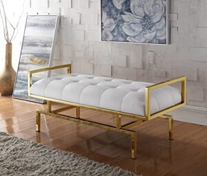 iconic home bruno pu leather modern contemporary tufted seating goldtone metal leg bench, white