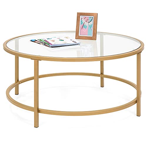 Best Choice Products 36in Modern Round Tempered Glass Accent Side Coffee Table for Living Room, Dining Room, Tea, Home Décor w/Satin Trim, Metal Frame, Non-Marring Foot Caps - Bronze Gold