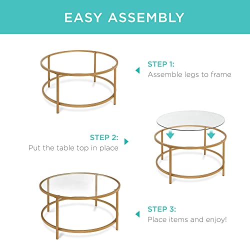 Best Choice Products 36in Modern Round Tempered Glass Accent Side Coffee Table for Living Room, Dining Room, Tea, Home Décor w/Satin Trim, Metal Frame, Non-Marring Foot Caps - Bronze Gold