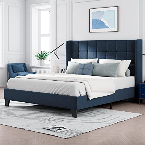 Allewie Queen Size Platform Bed Frame with Wingback/Fabric Upholstered Square Stitched Headboard and Wooden Slats/Mattress Foundation/Box Spring Optional/Easy Assembly, Navy Blue