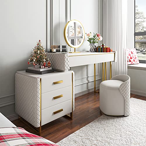 FUQIAOTEC Luxury Makeup Vanity Set with LED Lighted Mirror, Side Cabinet and 5 Drawers, Modern Sintered Stone Dressing Table with Stool, Elegant and Modern Aesthetic Style, 39.5"