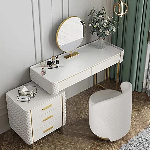 FUQIAOTEC Luxury Makeup Vanity Set with LED Lighted Mirror, Side Cabinet and 5 Drawers, Modern Sintered Stone Dressing Table with Stool, Elegant and Modern Aesthetic Style, 39.5"