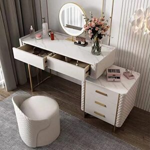 FUQIAOTEC Luxury Makeup Vanity Set with LED Lighted Mirror, Side Cabinet and 5 Drawers, Modern Sintered Stone Dressing Table with Stool, Elegant and Modern Aesthetic Style, 39.5"