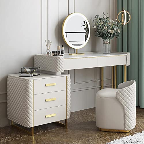 FUQIAOTEC Luxury Makeup Vanity Set with LED Lighted Mirror, Side Cabinet and 5 Drawers, Modern Sintered Stone Dressing Table with Stool, Elegant and Modern Aesthetic Style, 39.5"