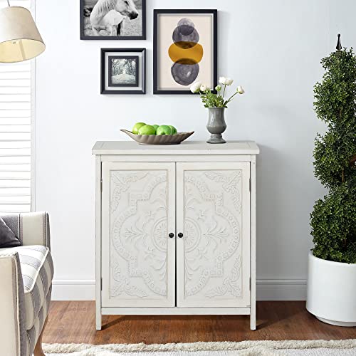 MAISON ARTS White Accent Cabinet with 2 Doors Sideboard Buffet Storage Cabinet Decorative Distressed Cabinet with Carved Pattern Doors for Bedroom Living Room Kitchen Farmhouse, White Embossed Flower