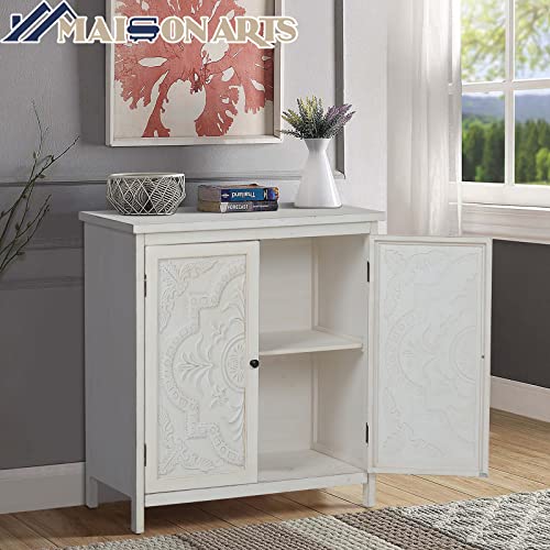 MAISON ARTS White Accent Cabinet with 2 Doors Sideboard Buffet Storage Cabinet Decorative Distressed Cabinet with Carved Pattern Doors for Bedroom Living Room Kitchen Farmhouse, White Embossed Flower