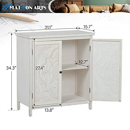 MAISON ARTS White Accent Cabinet with 2 Doors Sideboard Buffet Storage Cabinet Decorative Distressed Cabinet with Carved Pattern Doors for Bedroom Living Room Kitchen Farmhouse, White Embossed Flower