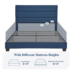 Allewie Queen Size Platform Bed Frame with Fabric Upholstered Headboard and Wooden Slats Support, Fully Upholstered Mattress Foundation/No Box Spring Needed/Easy Assembly, Navy Blue