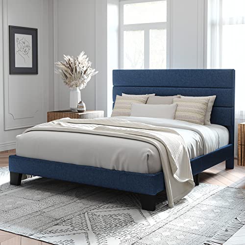 Allewie Queen Size Platform Bed Frame with Fabric Upholstered Headboard and Wooden Slats Support, Fully Upholstered Mattress Foundation/No Box Spring Needed/Easy Assembly, Navy Blue