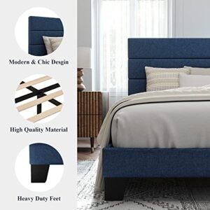 Allewie Queen Size Platform Bed Frame with Fabric Upholstered Headboard and Wooden Slats Support, Fully Upholstered Mattress Foundation/No Box Spring Needed/Easy Assembly, Navy Blue