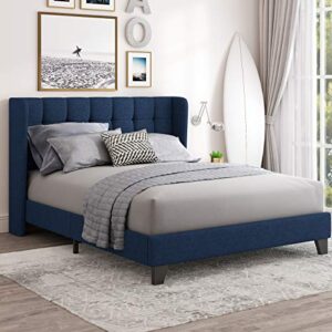 einfach queen upholstered wingback platform bed frame with headboard/mattress foundation with wood slat support and square stitched headboard/no box spring needed/easy assembly, dark blue