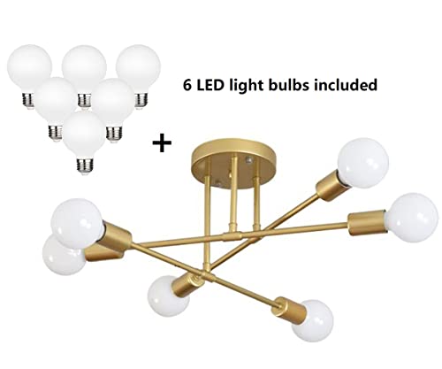 Dellemade Modern Sputnik Chandelier, 6-Light Ceiling Light, 6 LED Light Bulbs Included for Bedroom,Dining Room,Kitchen,Office (Gold)