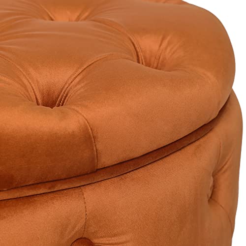 Homebeez Round Velvet Storage Ottoman, Button Tufted Footrest Stool Coffee Table for Living Room,24.8" L x 24.8" W x 15.4" H,Orange