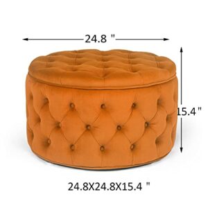 Homebeez Round Velvet Storage Ottoman, Button Tufted Footrest Stool Coffee Table for Living Room,24.8" L x 24.8" W x 15.4" H,Orange