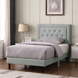 Twin Upholstered Platform Bed Frame with 48" Tall Adjustable Headboard - Button Tufted Linen Velour Bed - Wood Slat Support with Storage Space - No Box Spring Needed - Grey - Oliver & Smith - Berlin