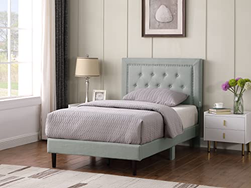 Twin Upholstered Platform Bed Frame with 48" Tall Adjustable Headboard - Button Tufted Linen Velour Bed - Wood Slat Support with Storage Space - No Box Spring Needed - Grey - Oliver & Smith - Berlin