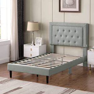 Twin Upholstered Platform Bed Frame with 48" Tall Adjustable Headboard - Button Tufted Linen Velour Bed - Wood Slat Support with Storage Space - No Box Spring Needed - Grey - Oliver & Smith - Berlin