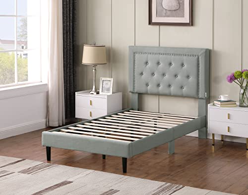 Twin Upholstered Platform Bed Frame with 48" Tall Adjustable Headboard - Button Tufted Linen Velour Bed - Wood Slat Support with Storage Space - No Box Spring Needed - Grey - Oliver & Smith - Berlin