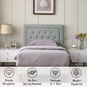 Twin Upholstered Platform Bed Frame with 48" Tall Adjustable Headboard - Button Tufted Linen Velour Bed - Wood Slat Support with Storage Space - No Box Spring Needed - Grey - Oliver & Smith - Berlin