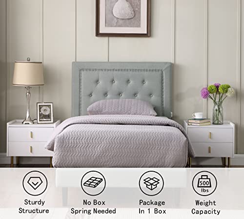 Twin Upholstered Platform Bed Frame with 48" Tall Adjustable Headboard - Button Tufted Linen Velour Bed - Wood Slat Support with Storage Space - No Box Spring Needed - Grey - Oliver & Smith - Berlin