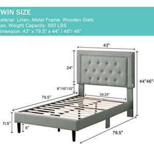 Twin Upholstered Platform Bed Frame with 48" Tall Adjustable Headboard - Button Tufted Linen Velour Bed - Wood Slat Support with Storage Space - No Box Spring Needed - Grey - Oliver & Smith - Berlin