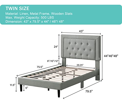 Twin Upholstered Platform Bed Frame with 48" Tall Adjustable Headboard - Button Tufted Linen Velour Bed - Wood Slat Support with Storage Space - No Box Spring Needed - Grey - Oliver & Smith - Berlin