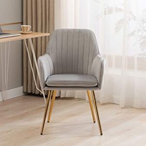 Artechworks Velvet Modern Living Dining Room Arm Chair Club Leisure Guest Lounge Bedroom Upholstered Chair with Gold Metal Legs, Gray