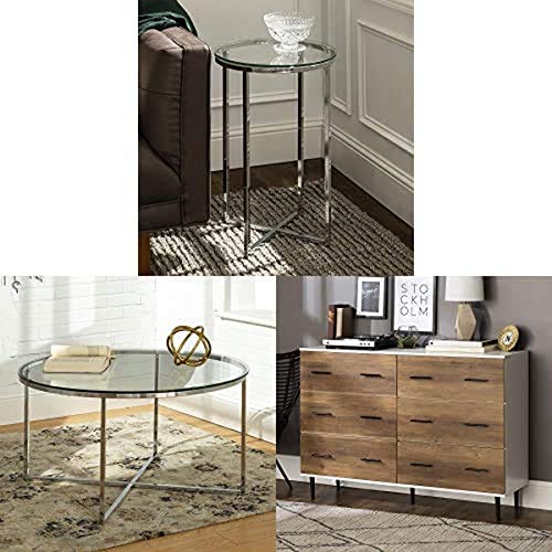 Walker Edison Furniture Company Modern Round Coffee Accent Table, Glass/Chrome with Round Side End Accent Table, Glass/Chrome and 2 Toned Wood Storage Drawer Organizer, 52" Reclaimed Barnwood Brown