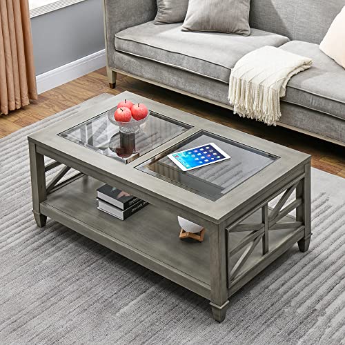 LEEMTORIG Farmhouse Coffee Tables for Living Room, Grey Coffee Tables Rustic Solid Wood Coffee Table with Storage Shelf, Glass Cocktail Table Center Table, 45.5"x26"x19", Antique Grey KFZ-1318-AN