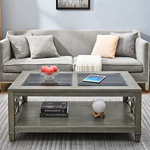 LEEMTORIG Farmhouse Coffee Tables for Living Room, Grey Coffee Tables Rustic Solid Wood Coffee Table with Storage Shelf, Glass Cocktail Table Center Table, 45.5"x26"x19", Antique Grey KFZ-1318-AN