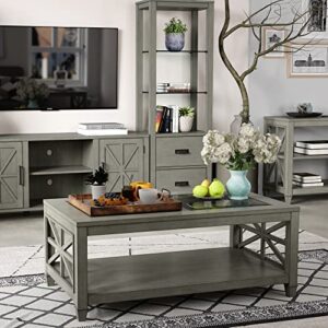 LEEMTORIG Farmhouse Coffee Tables for Living Room, Grey Coffee Tables Rustic Solid Wood Coffee Table with Storage Shelf, Glass Cocktail Table Center Table, 45.5"x26"x19", Antique Grey KFZ-1318-AN