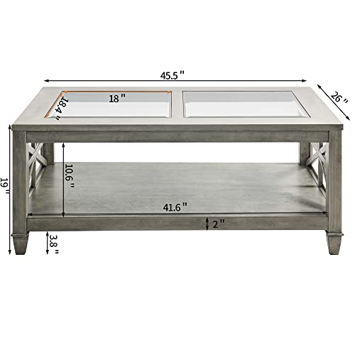 LEEMTORIG Farmhouse Coffee Tables for Living Room, Grey Coffee Tables Rustic Solid Wood Coffee Table with Storage Shelf, Glass Cocktail Table Center Table, 45.5"x26"x19", Antique Grey KFZ-1318-AN